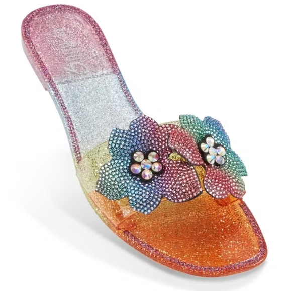 Rouge! | Shoes | Rou9e Rhinestone Flower Slide Sandals In Rainbow ...